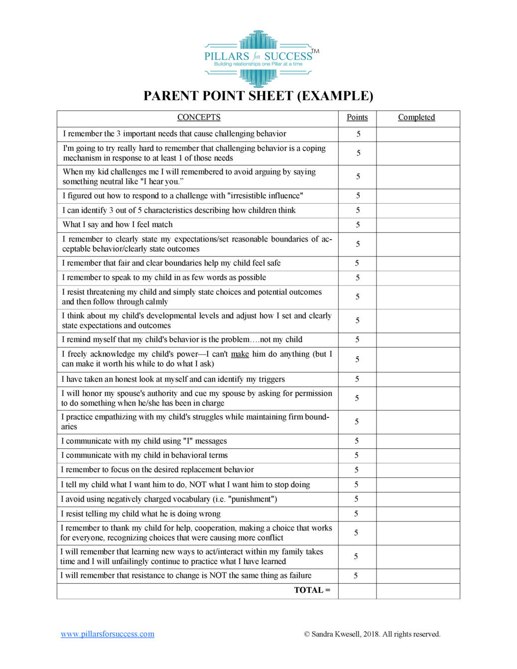 Parent Point Sheet Instructions and Template - Pillars for Success